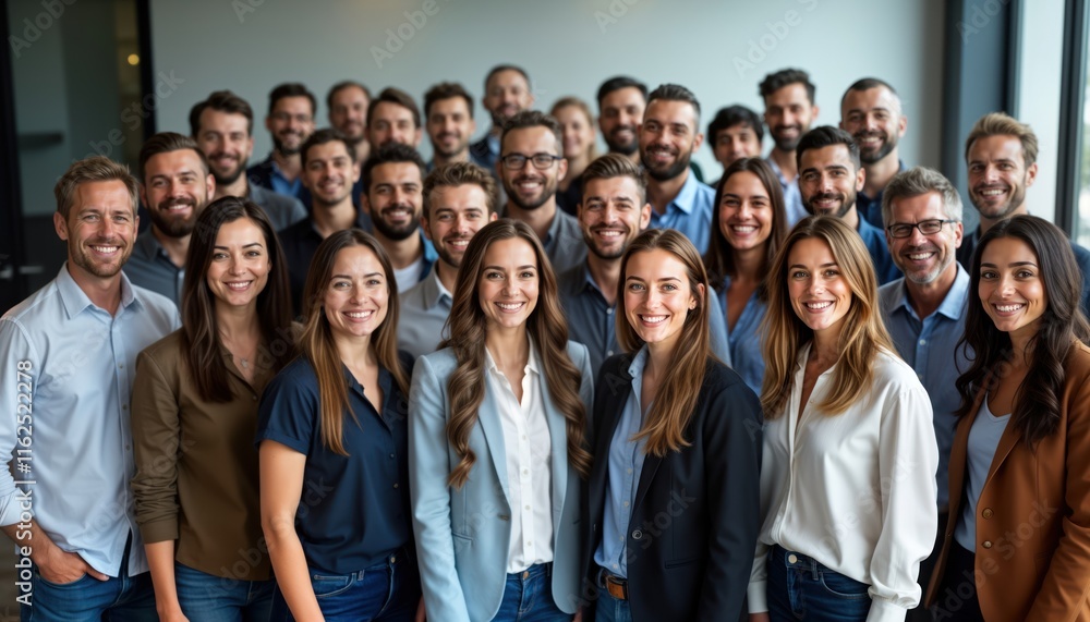 Large group of happy mature adults stand together inside studio. Smile ...