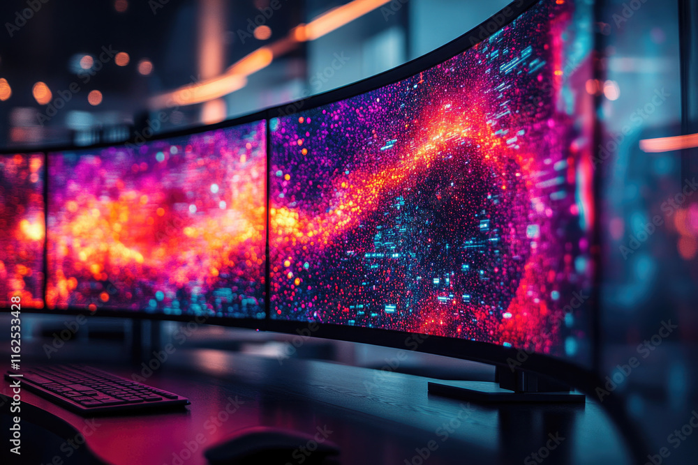 A stunning display of vibrant, abstract data visualizations on a curved ultrawide monitor setup ...