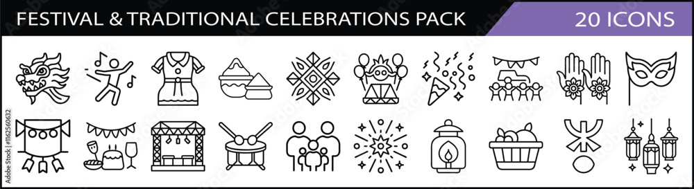 Festival and Traditional Celebrations Icon Set - A diverse collection ...