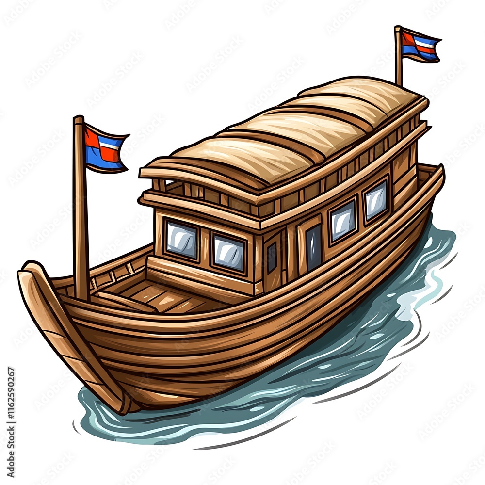 Cartoon illustration of a traditional wooden houseboat with flags ...