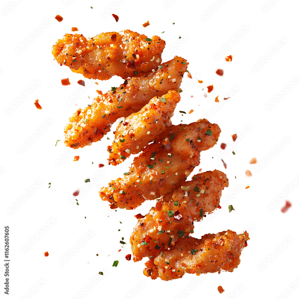 flying spicy chicken strips isolated on transparent background Stock ...