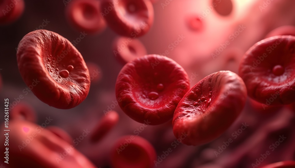 Red blood cells float freely in human blood vessels. Microscopic view ...