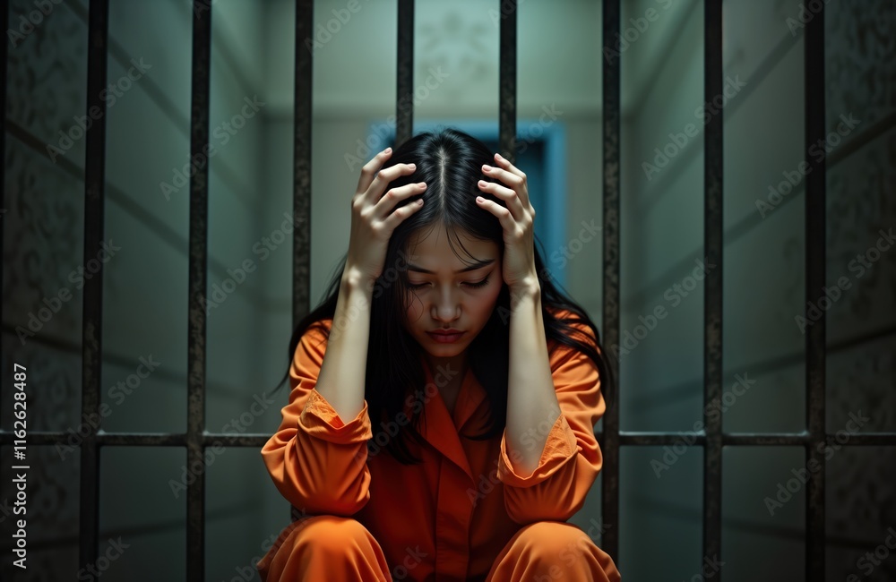 Asian woman in orange jail uniform sits in prison cell. Looks sad ...