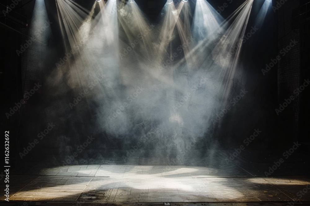 Dramatic stage lighting illuminates an empty stage, creating a ...