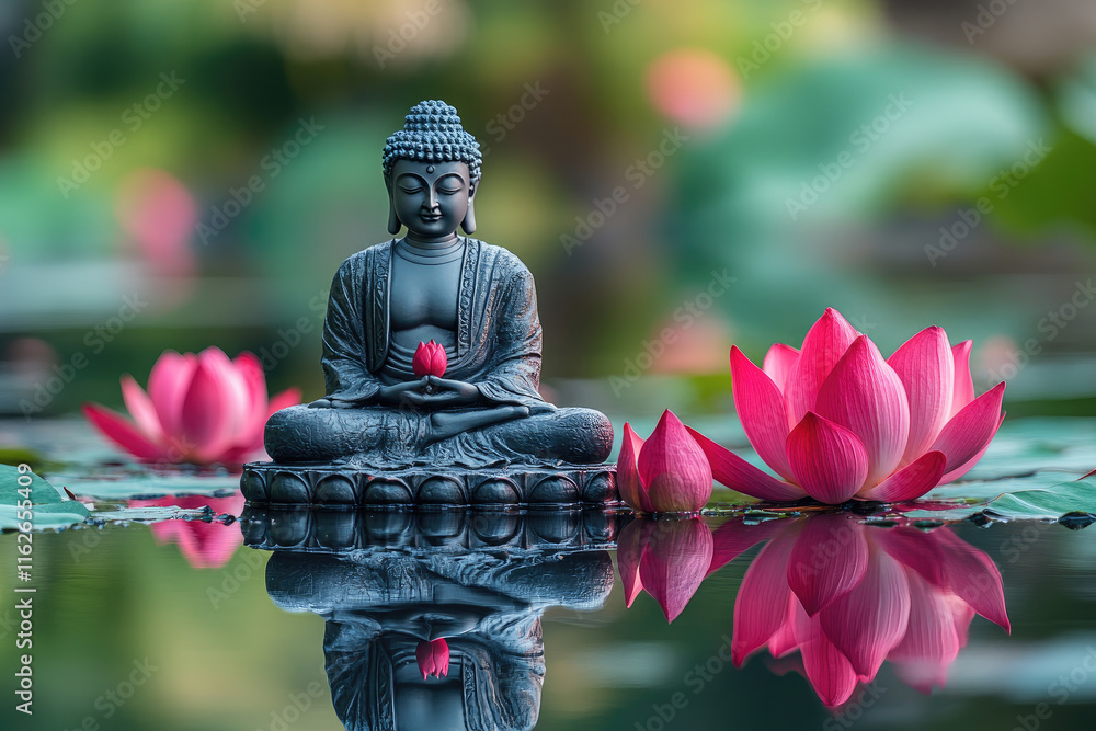 Buddha statue meditating with lotus flowers and reflection in water ...