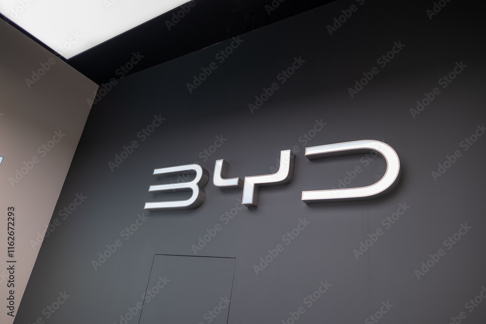 glowing Advertising banners BYD on black background, Chinese ...