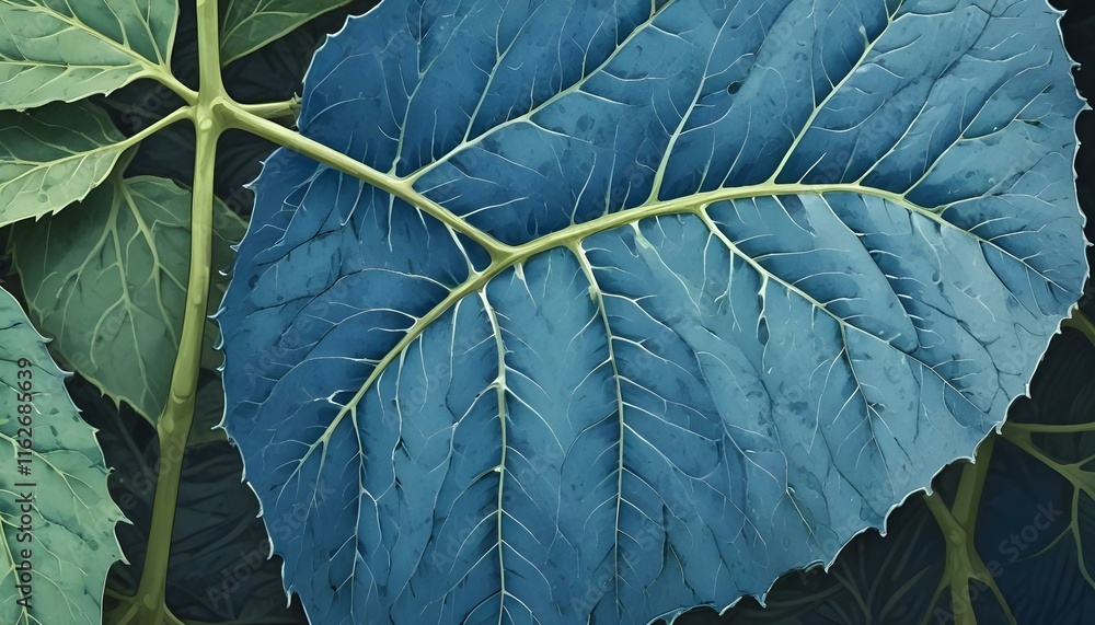 Primer plano de una hoja azul con venas verdes, que muestra los ...