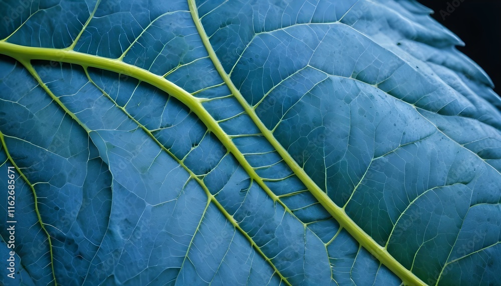 ภาพประกอบ Stock Primer plano de una hoja azul con venas verdes, que ...