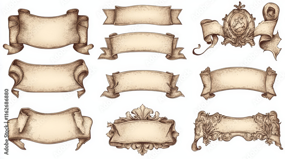 Scrolls, manuscripts and ribbon banners in vintage engraving style ...