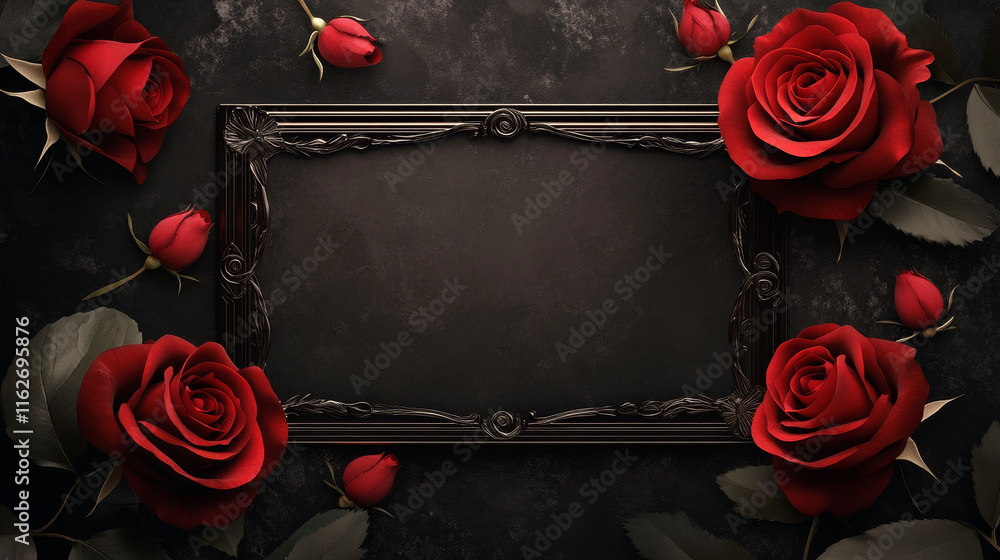 Funereal floral borders with red roses. Mourning card decor with roses ...