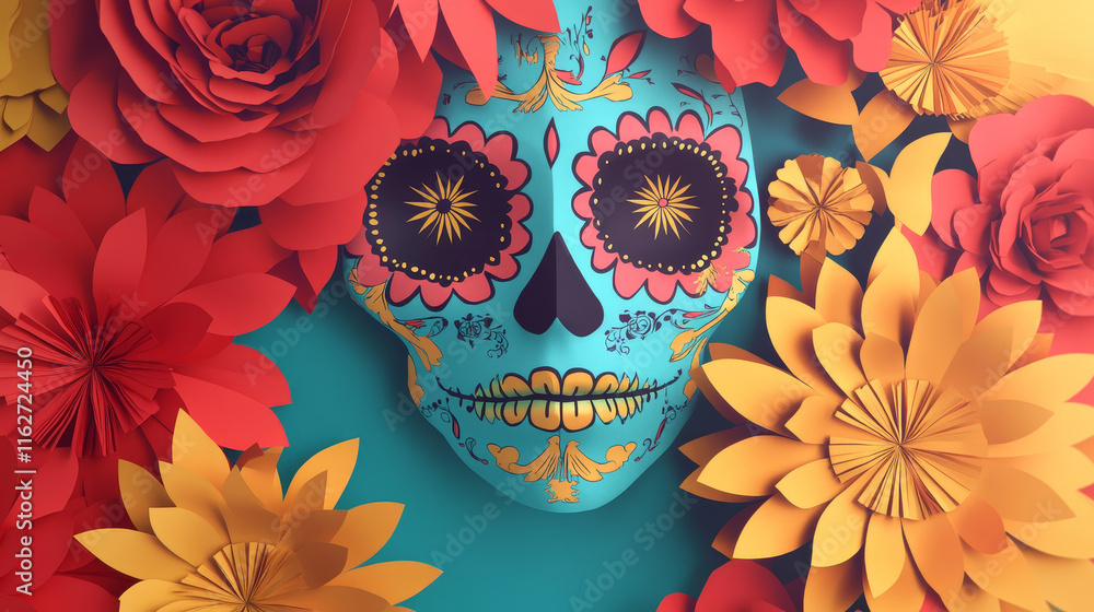 Dia de Los Muertos background and paper cut mexican papel picado flags ...