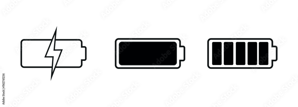 Battery symbol icon set, battery low , charging battery and high charge ...