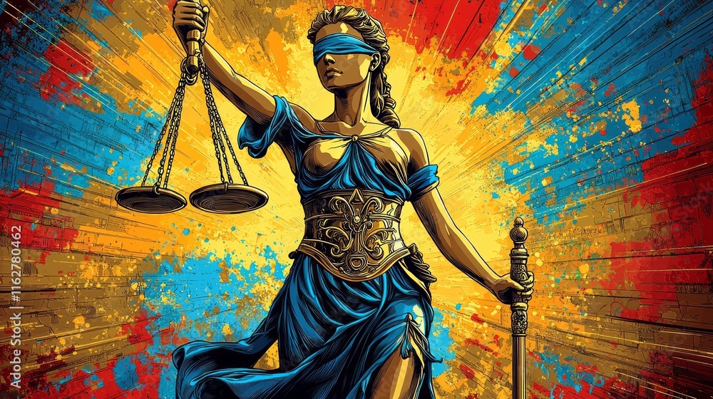 Lady Justice is depicted in vibrant pop art style holding colorful ...