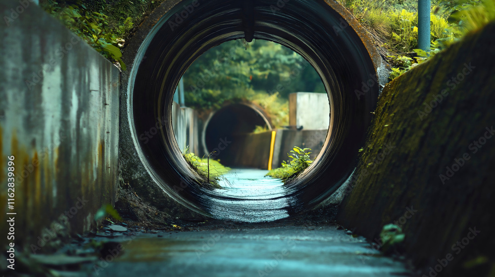 Underground tunnel industrial pipeline, dark sewer corridor passage ...