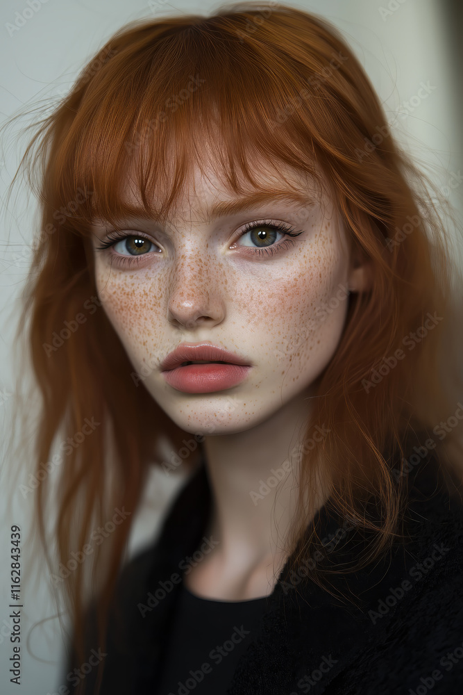 Portrait of a young red head woman with a natural and expressive look ...