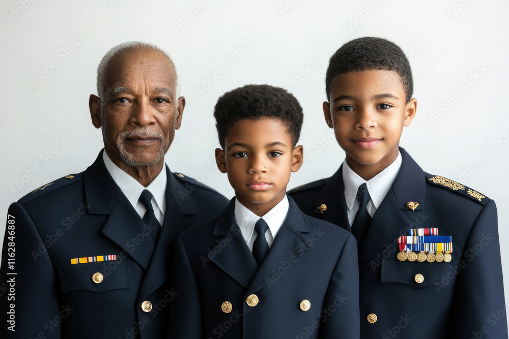 Three generations of African American men in military-style uniforms ...