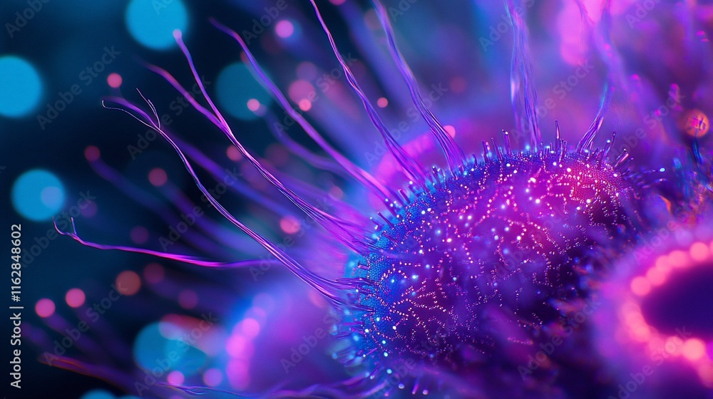 Microscopic view of vibrant, glowing purple and blue cell structure with thin filaments. Stock ...