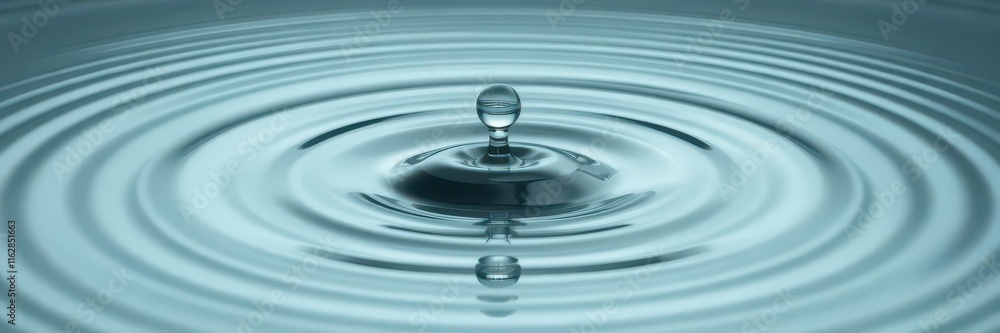 A single water droplet deforms a reflective surface, creating ...