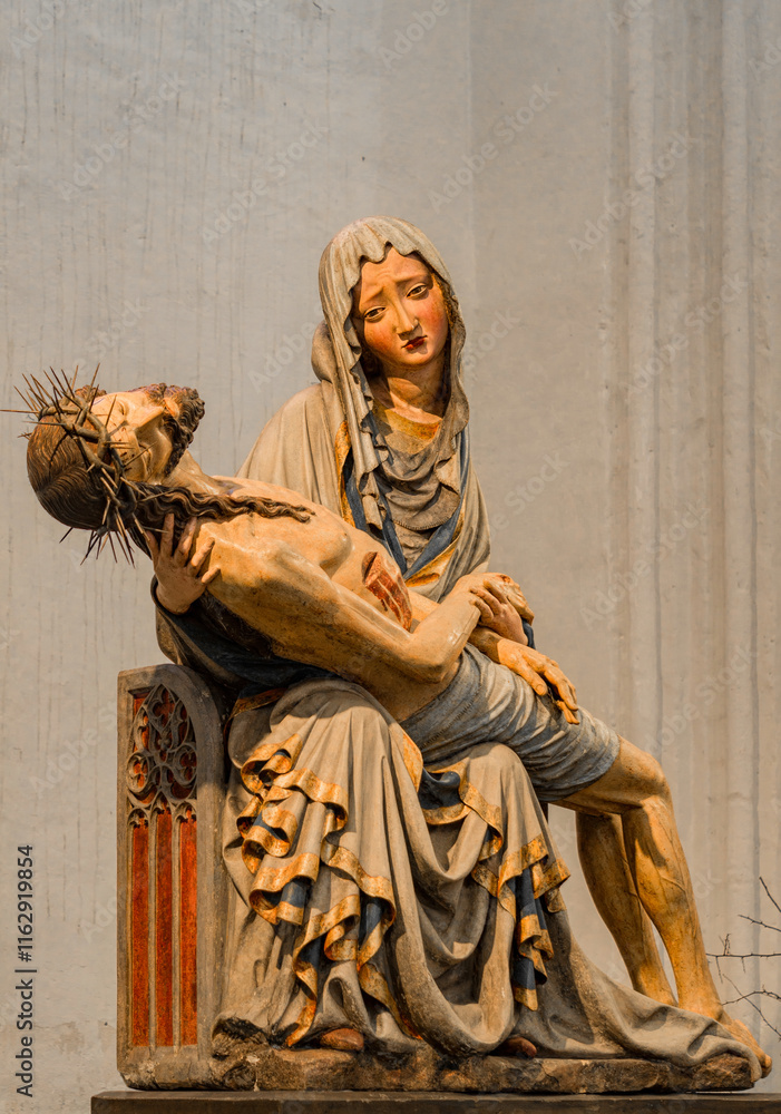 Pieta, Saint Mary supporting the body of crucified Christ. Beautiful Piet type, medieval ...