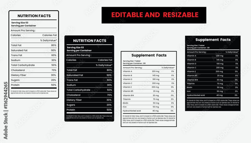 Nutrition facts template, supplement facts template and vitamin facts ...