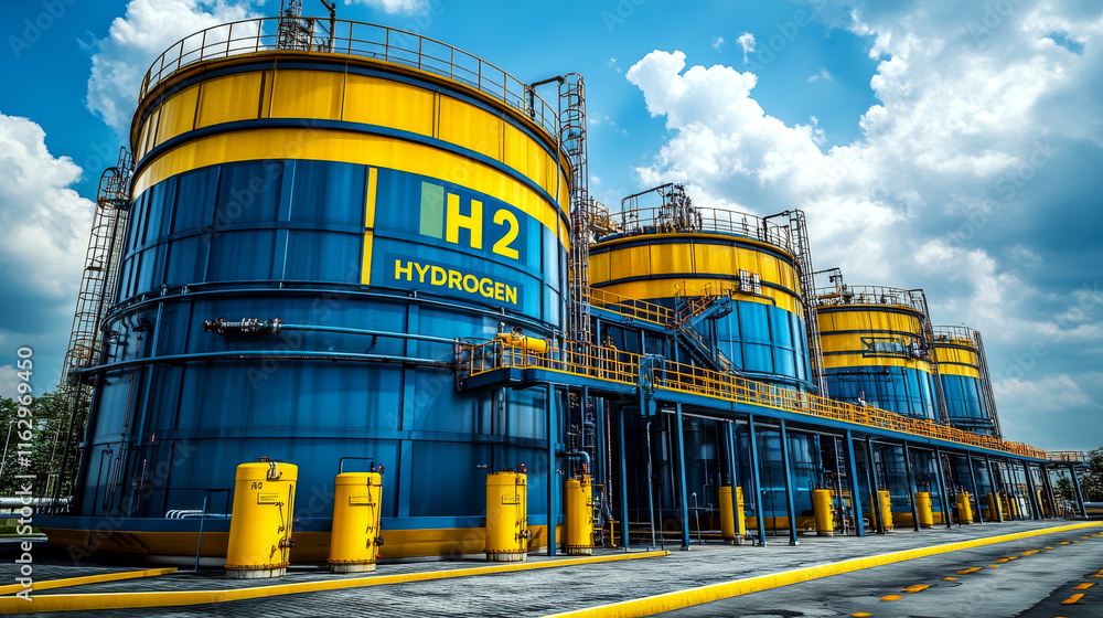 Large industrial tanks labeled H2 are outdoors under a blue sky ...