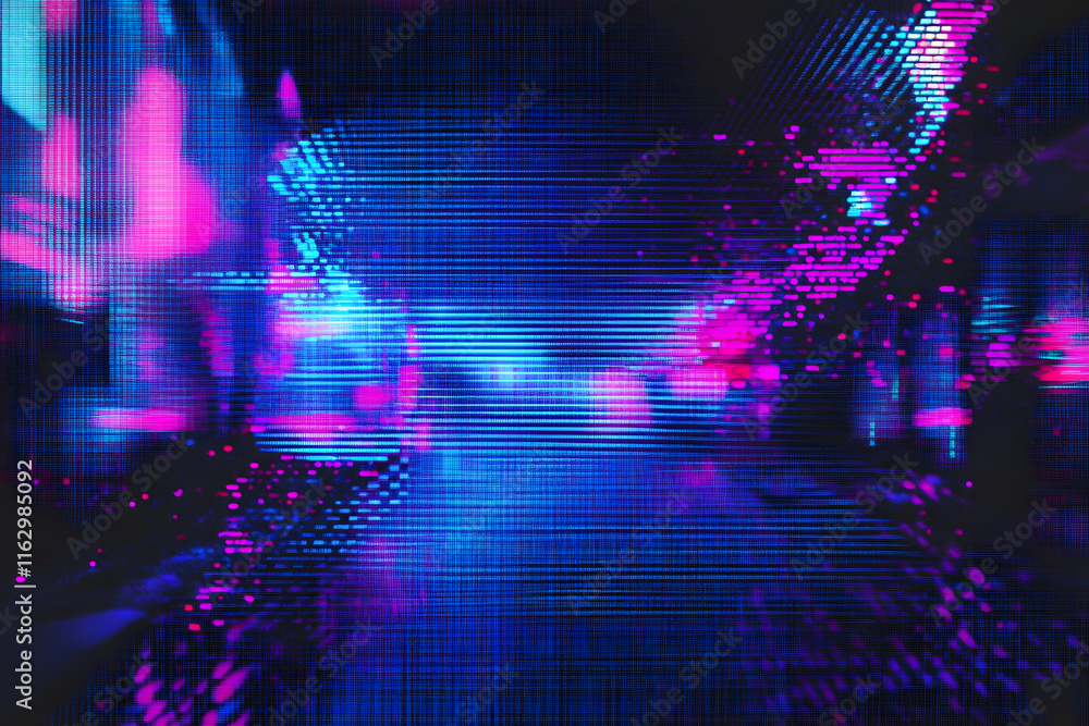 Abstract blue, mint and pink background with interlaced digital glitch ...