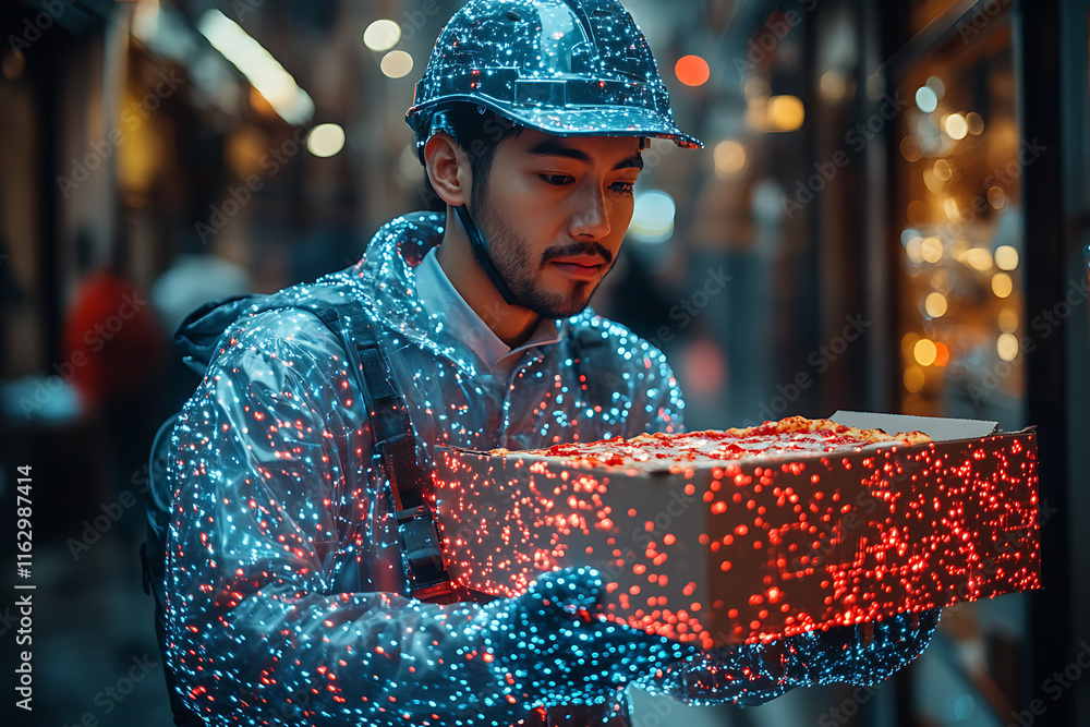 Glowing wireframe illustration of a pizza delivery person in uniform ...