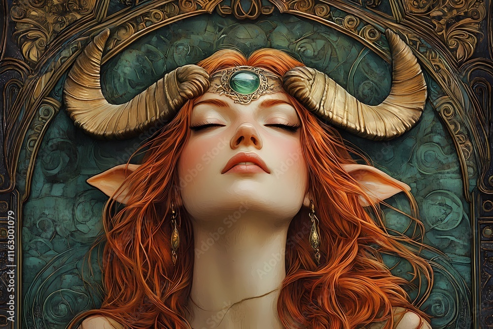 Art Nouveau Capricorn Zodiac Portrait: Majestic Red-Haired Woman with ...