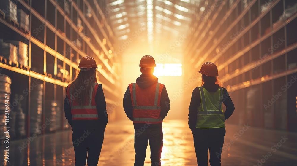 Three construction workers, diverse team wearing safety helmets and ...