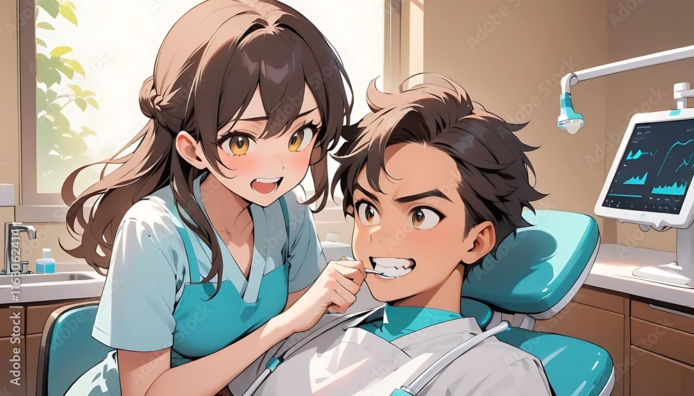 Anime Dental Checkup Cheerful Nurse Assists Patient Bright Office ...