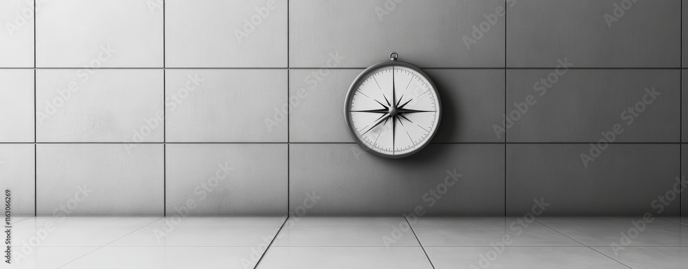 A plain compass rose on a textured gray wall, marking north, south ...