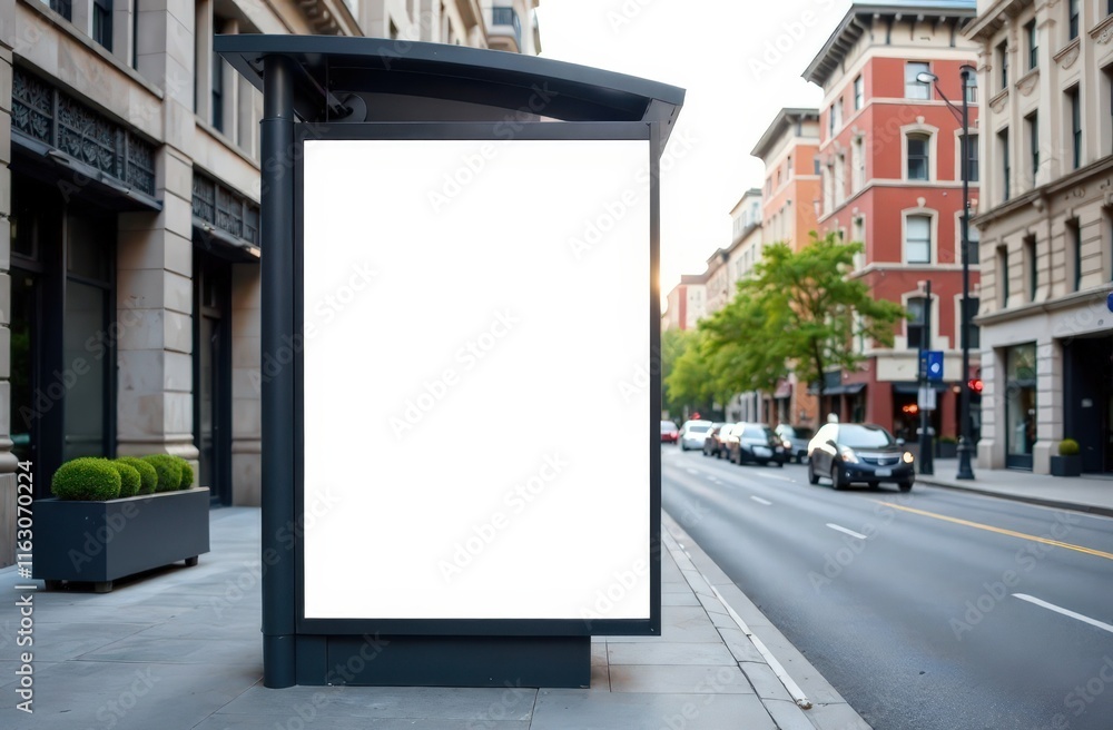 Blank white vertical digital billboard poster on spring city street bus ...