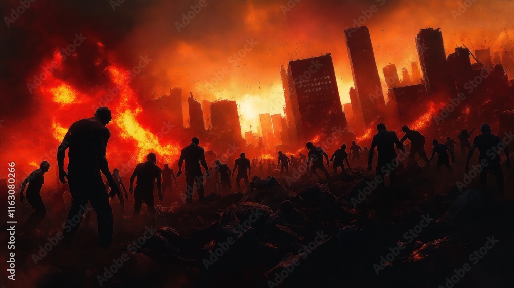 Undead horde swarms over ruined city. Fiery apocalyptic scene. Zombies ...