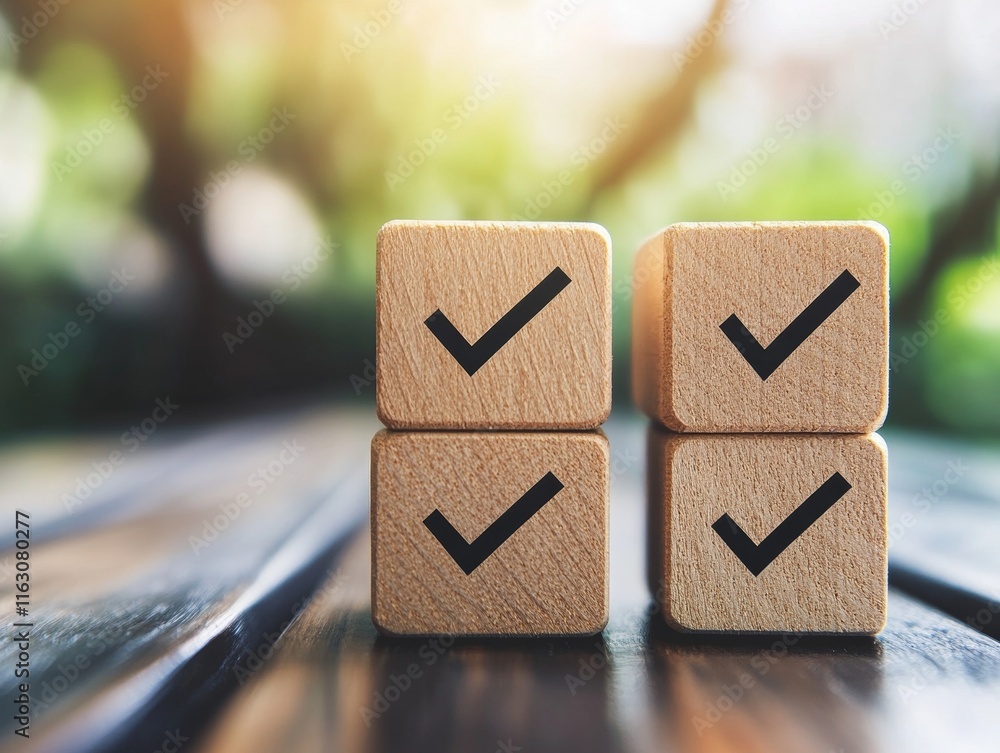 Project management visual quality control checklist with wooden blocks ...