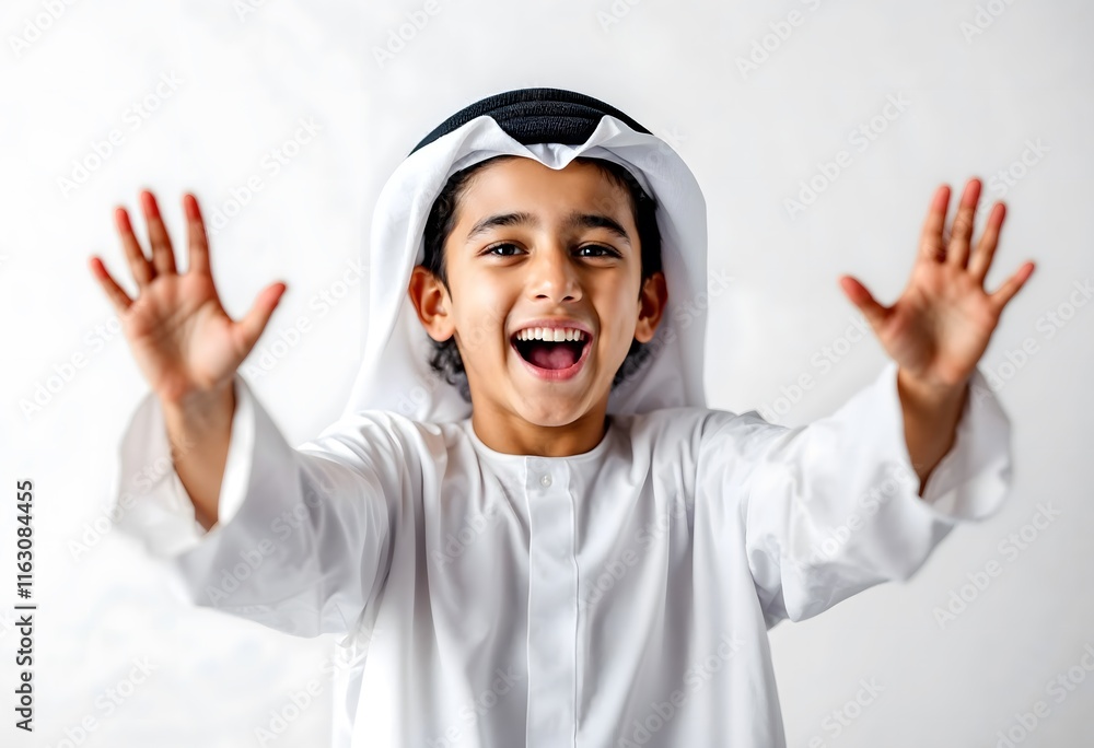 Joyful Emirati Boy in Traditional Thobe, Welcoming Gesture, Cheerful ...