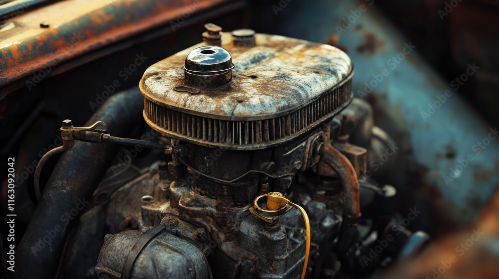 Vintage stock car engine from the 1960s, with worn metal textures and ...