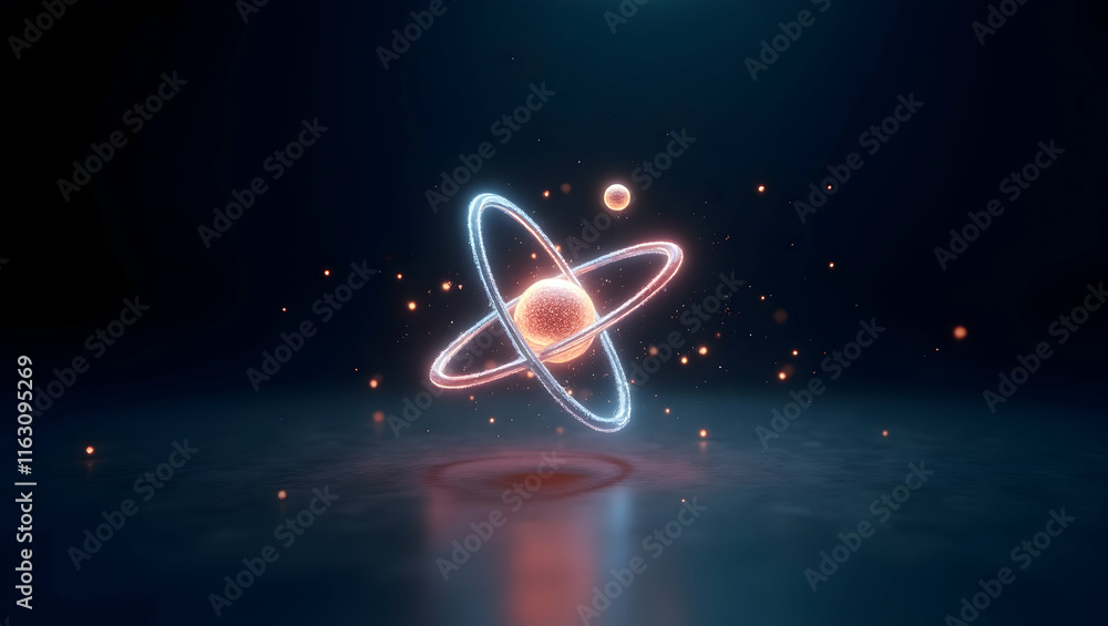 Glowing atom structure with nucleus, protons, and electrons, over a ...