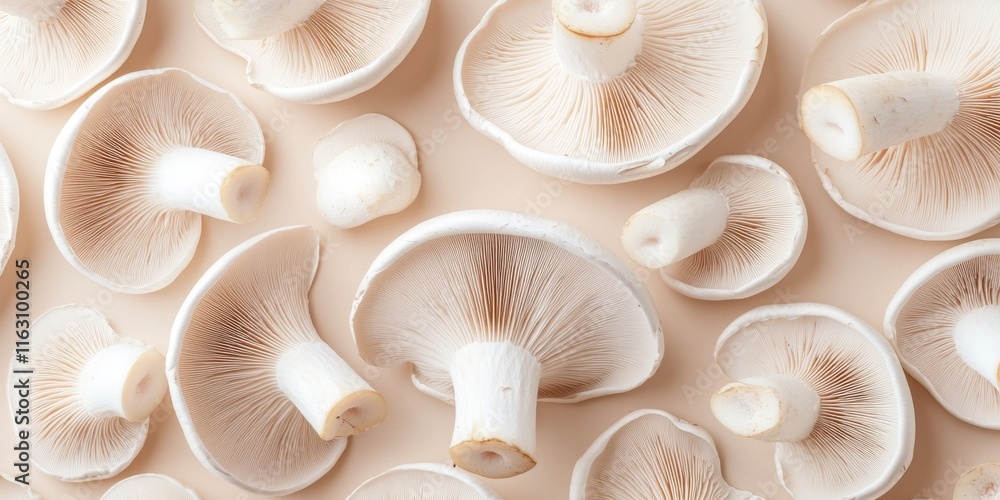 Thinly sliced white mushroom slices laid out on a light beige ...