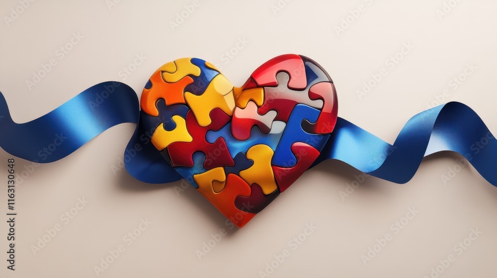 Autism Awareness Puzzle Heart with Blue Ribbon A Symbolic ...