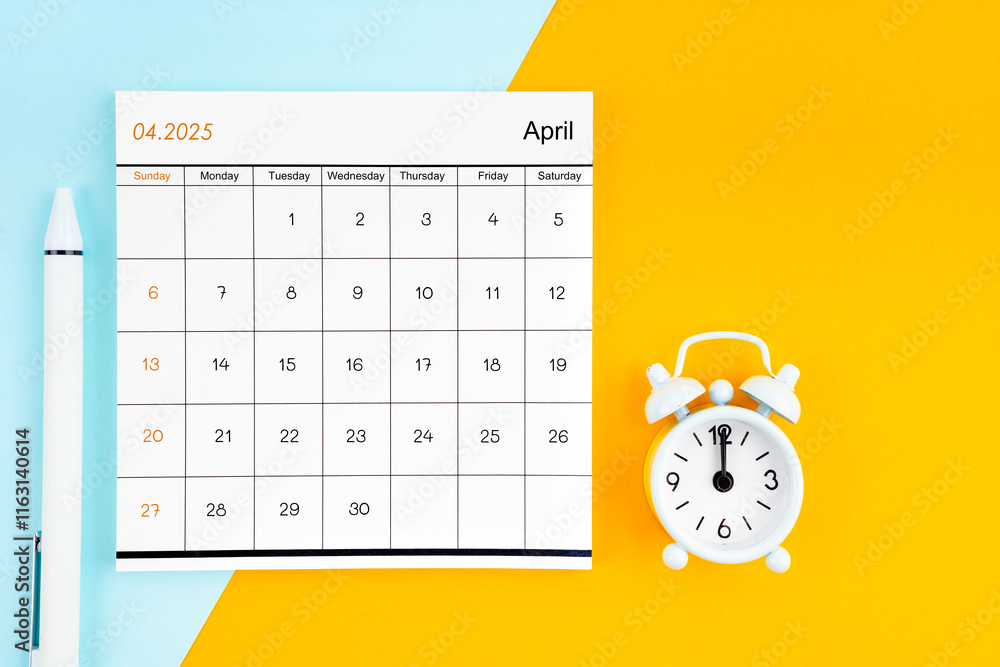 April 2025 Monthly calendar for 2025 year with pen on yellow and blue ...