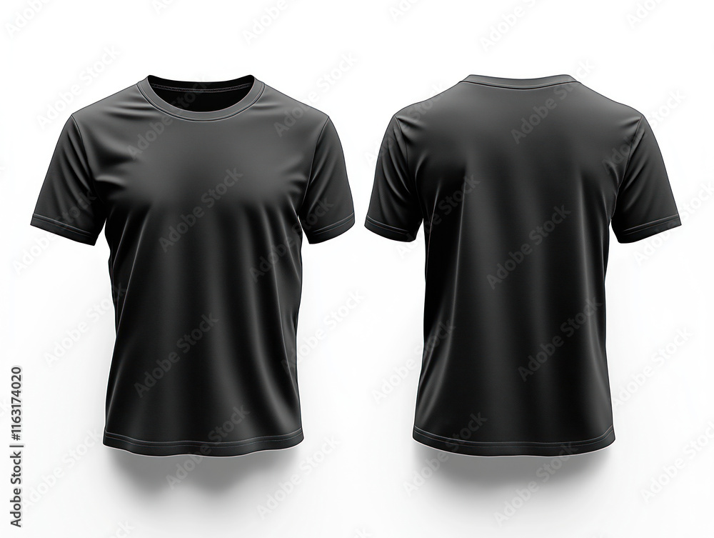 Realistic mockup of blank black T-shirt template. Front, back views ...