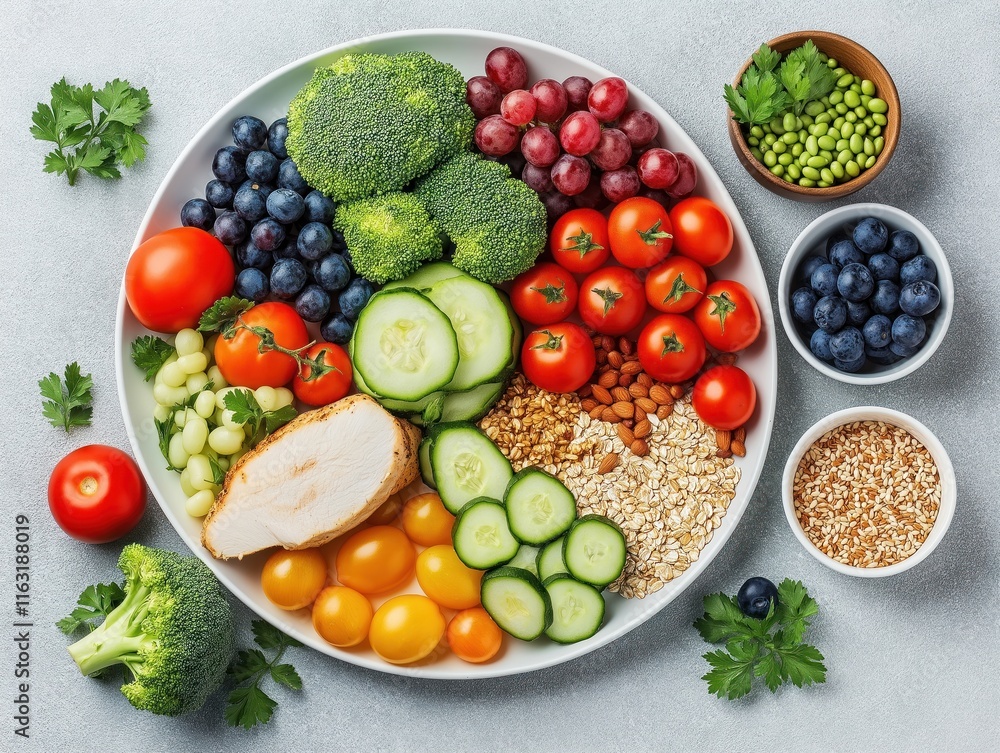 Healthy balanced meal plan for diabetes management. Variety of foods ...