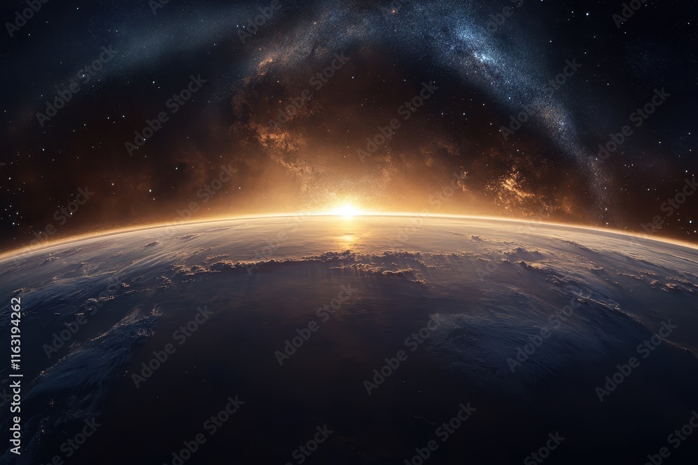A breathtaking view of sunrise over Earth from space, with the Milky Way visible in the ...