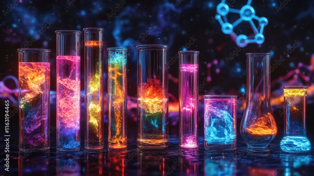 Chemistry lab equipment: flasks, test tubes, chemical solutions, liquid ...