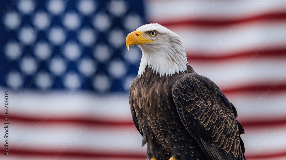 Bald eagle portrait against waving American flag. Powerful bird of prey ...