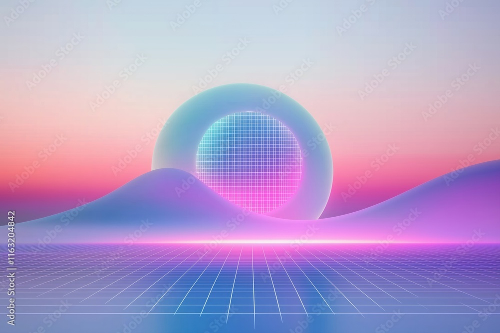Futuristic landscape in space. Glowing neon grid on flat surface. Soft ...