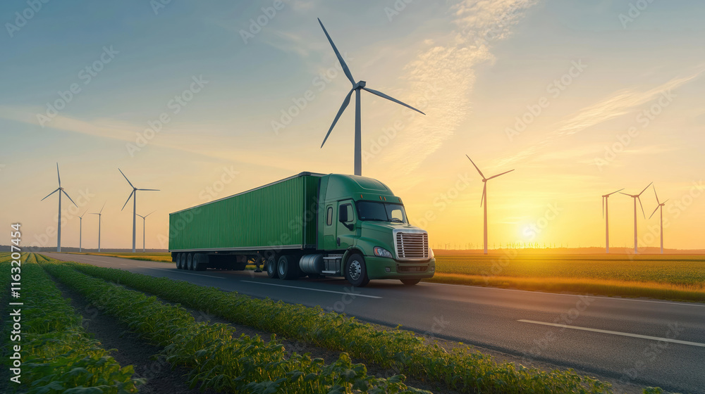 Green truck moves on road. Renewable energy wind turbines stand in ...
