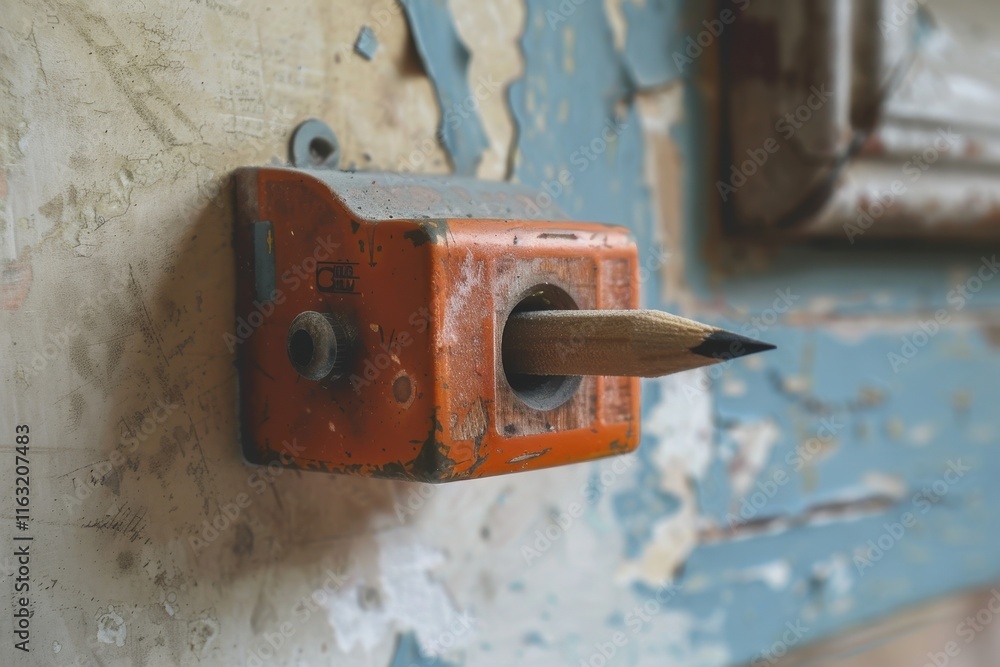 Rusty bolt and pencil holder attached to a weathered wooden wall ...