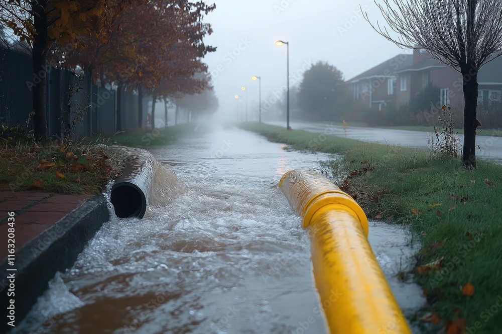 Misty urban street floods with murky water overflowing from drain pipe ...