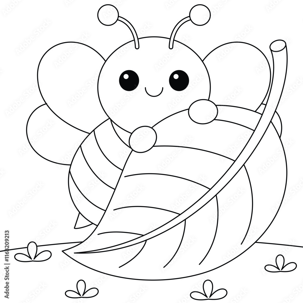 Cute kawaii cartoon character bee behind a leaf coloring page for kids ...